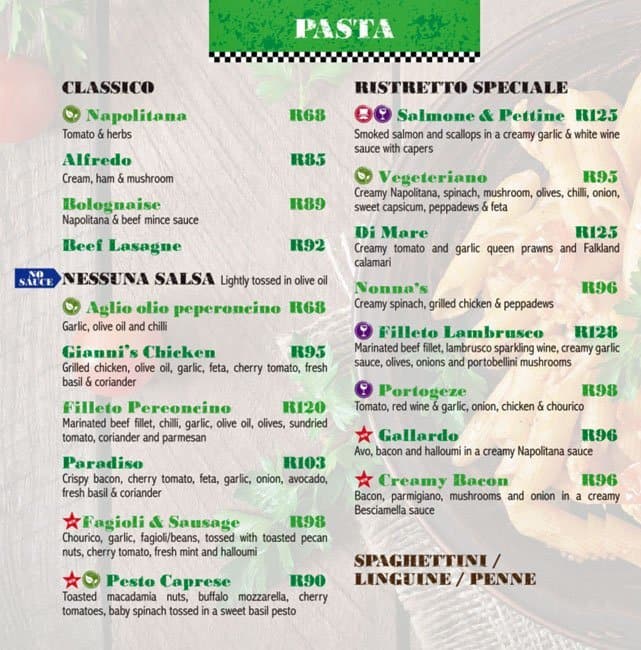 Menu at Ri'Stretto restaurant, Sandton
