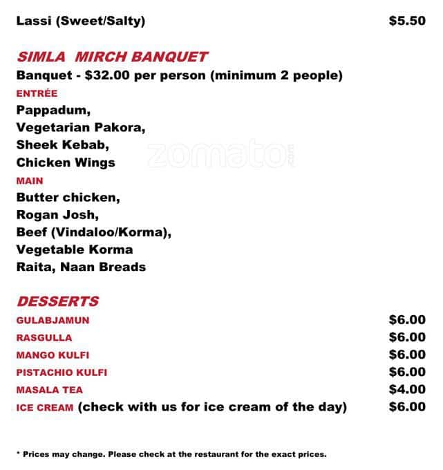 Menu at Simla Indian Cafe, Auckland