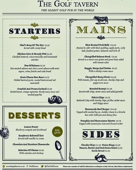 Menu at The Golf Tavern pub & bar, Edinburgh
