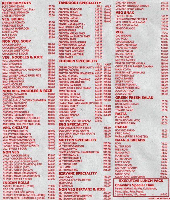 Chawla's Restaurant a Jaipur: Foto del Menu con Prezzi - Zomato