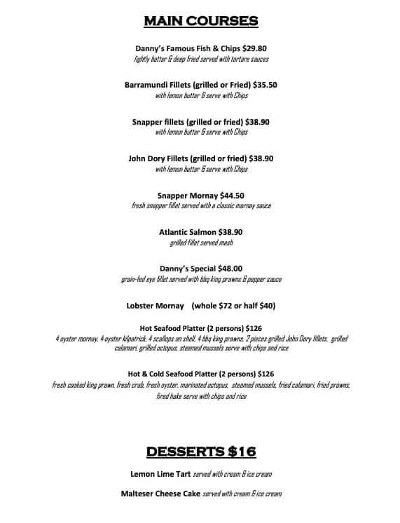 Menu at Danny's Seafood La Perouse restaurant, La Perouse