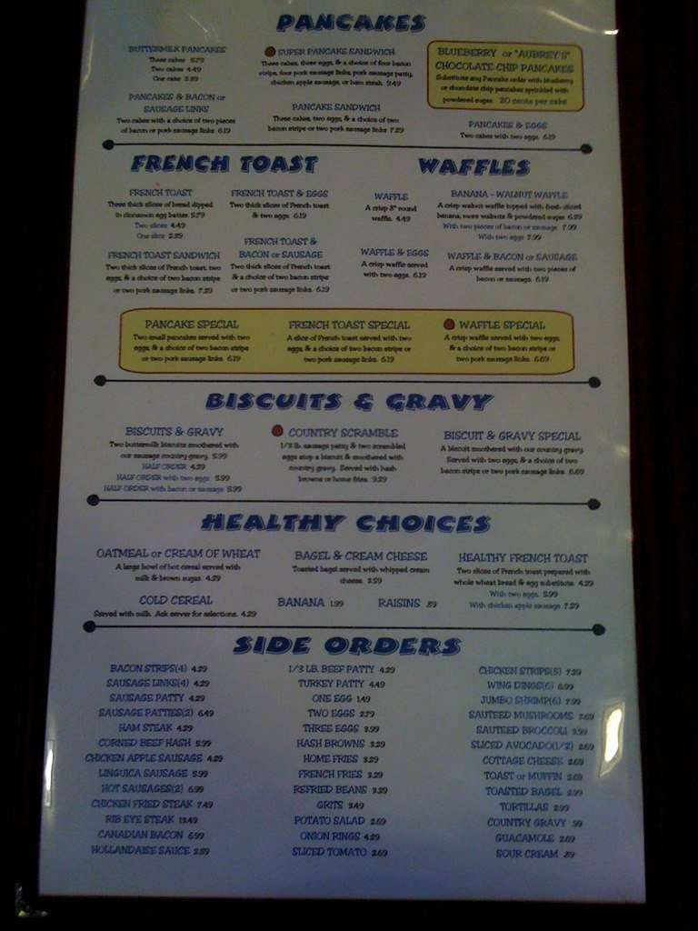 Menu at Eggie's Restaurant, Sacramento