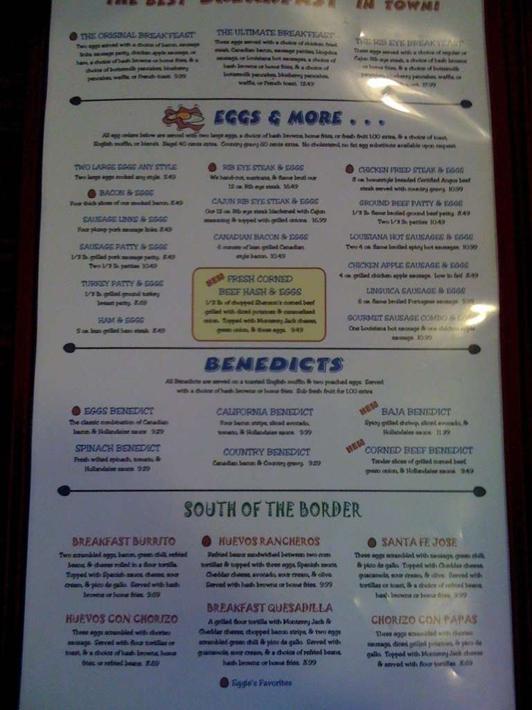 Menu at Eggie's Restaurant, Sacramento