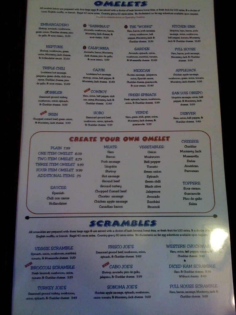 Menu at Eggie's Restaurant, Sacramento