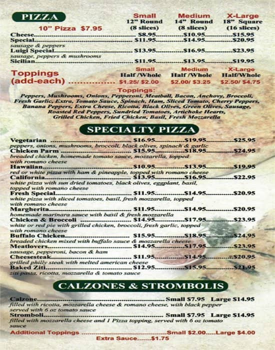 Menu at Luigi's Pizza of Ocean pizzeria, Ocean Township