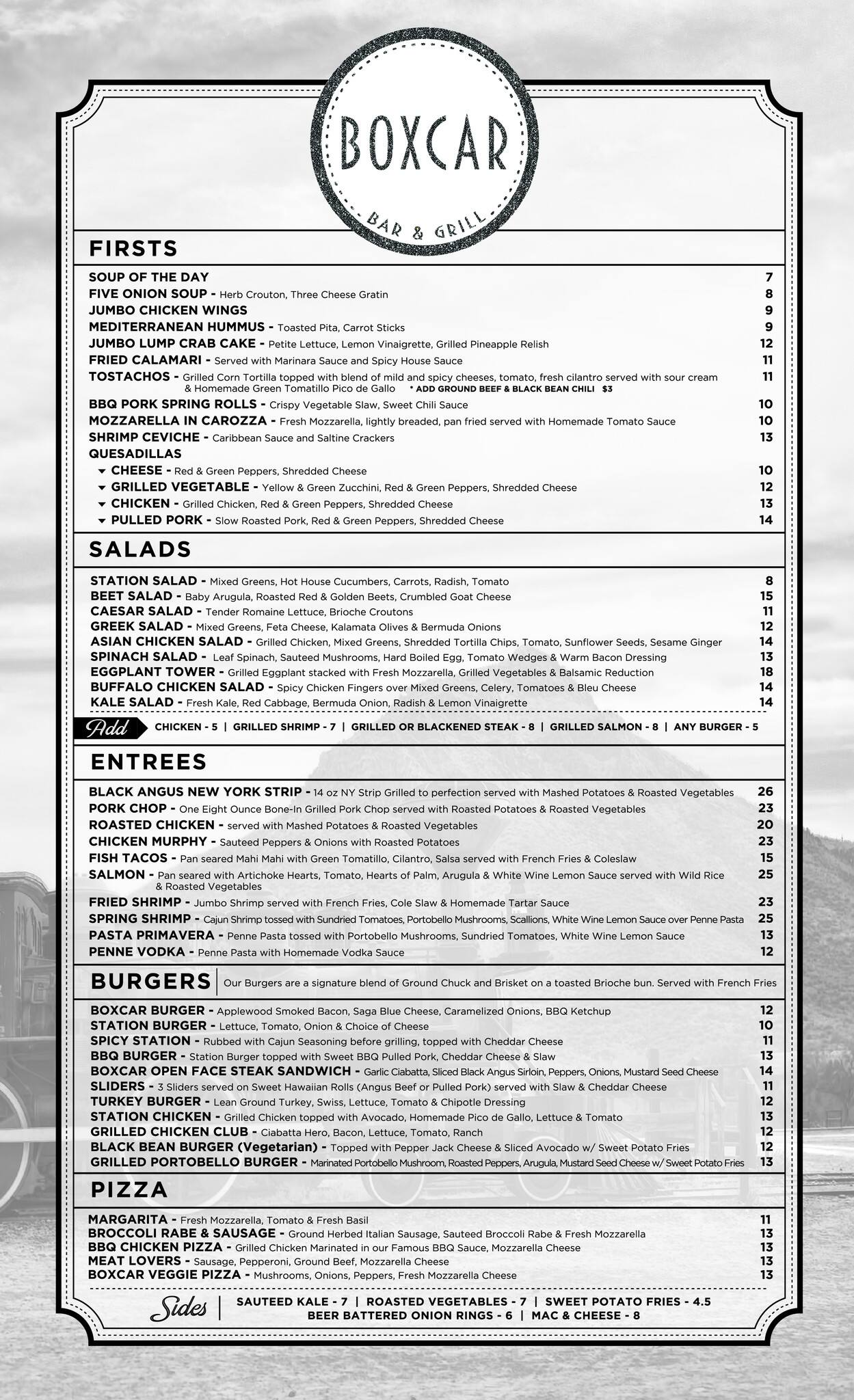 Menu at Boxcar Bar, Springfield Township