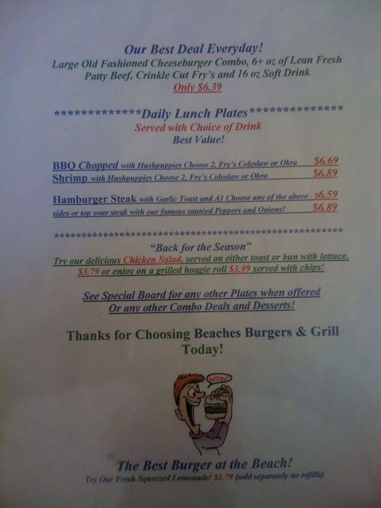 Menu at Beaches Burgers restaurant, Ocean Isle Beach