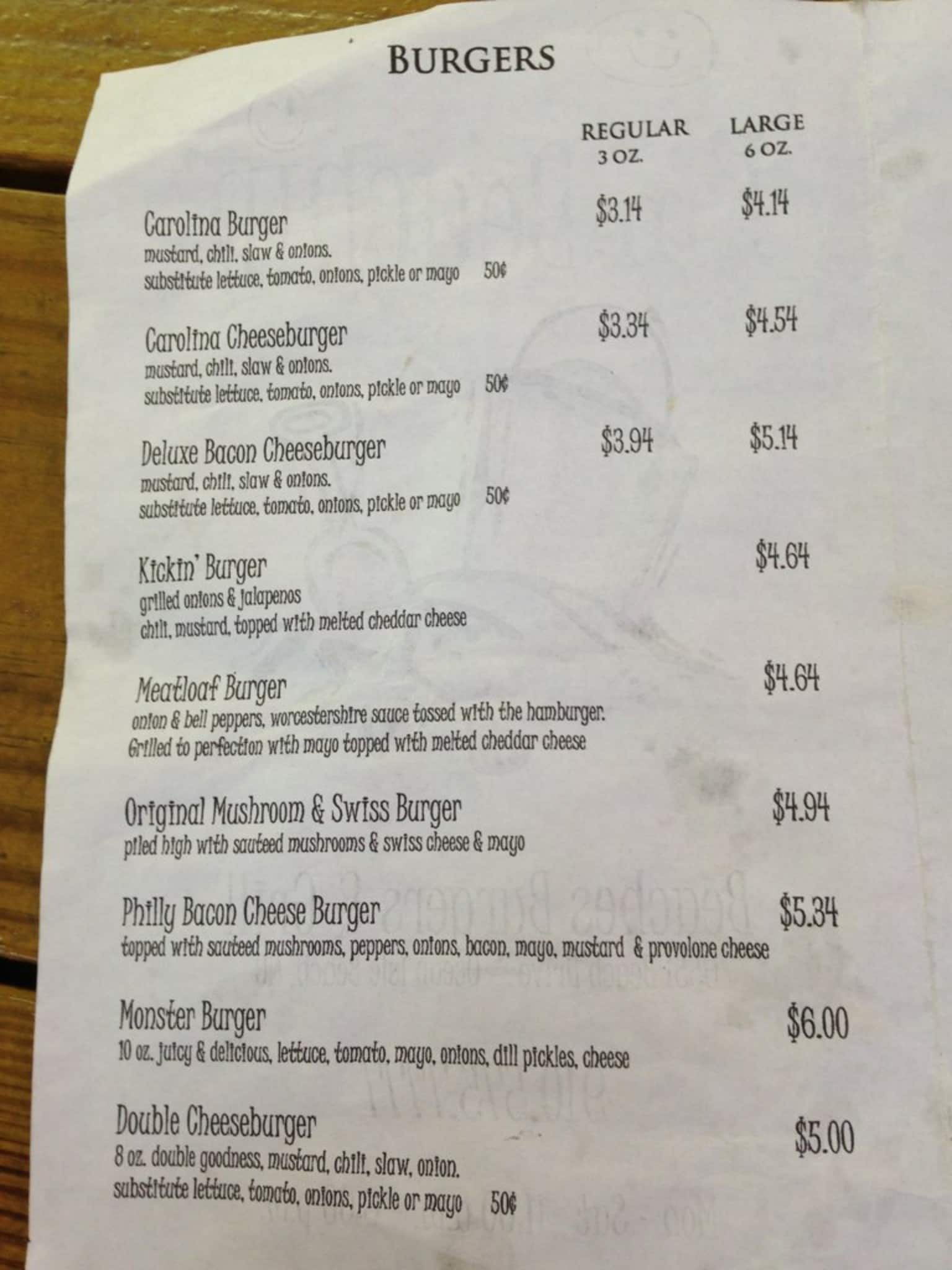 Menu at Beaches Burgers restaurant, Ocean Isle Beach