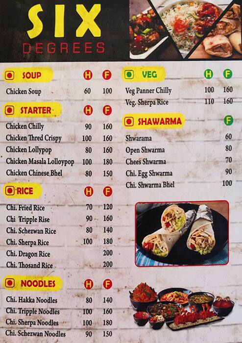 Menu of Six Degrees Chines & Restaurant, Bhiwandi, Thane