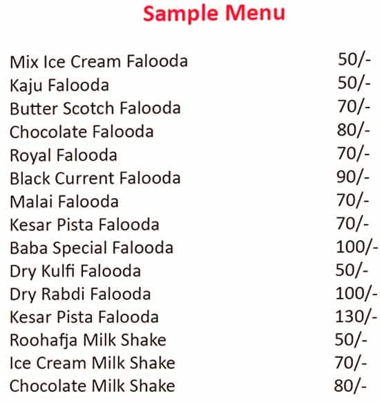 Menu of Falooda Aswad, Gorai, Mumbai