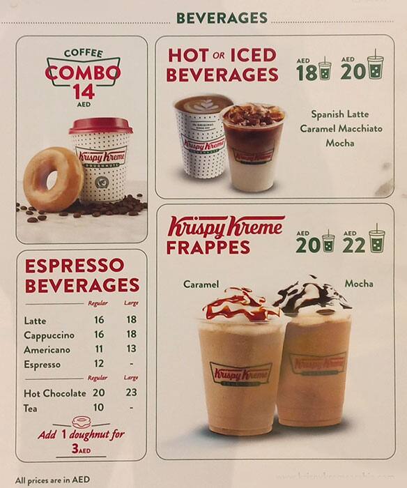 Menu at Krispy Kreme cafe, Dubai, Union Co-Operative Society
