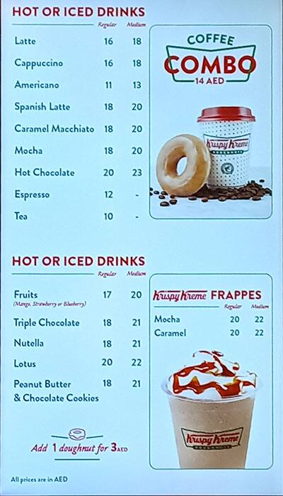 Menu at Krispy Kreme cafe, Dubai, Khalid Bin Al Waleed Rd