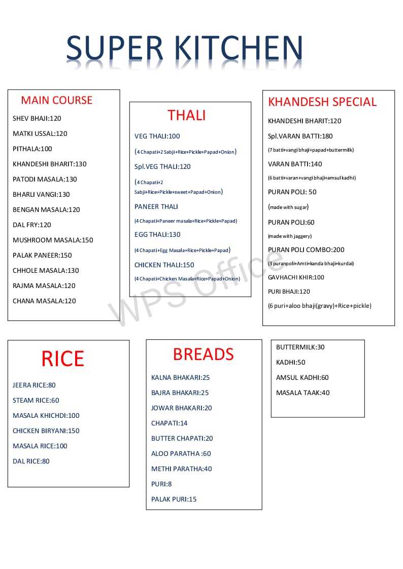Menu of Super Kitchen, Ravet, Pune