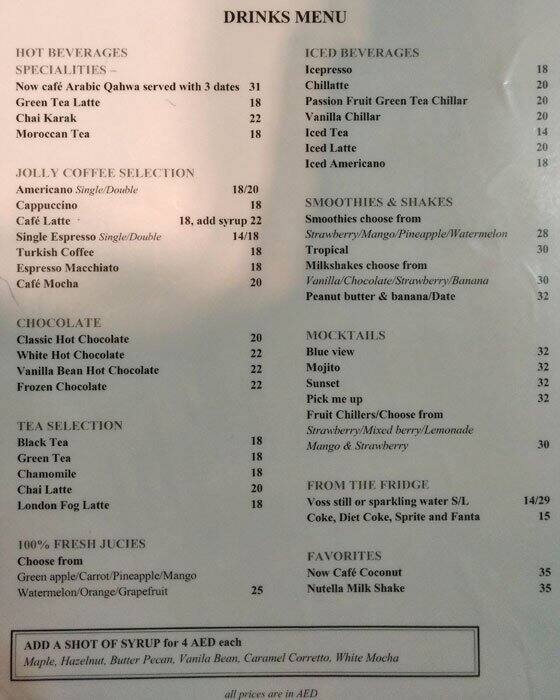 Menu at Now Cafe, Dubai, 57WH+H4J - Lower Ground