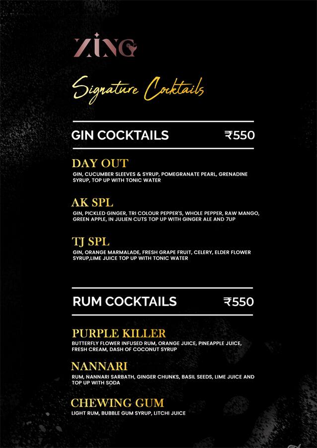 Menu of Zing, Koyambedu, Chennai