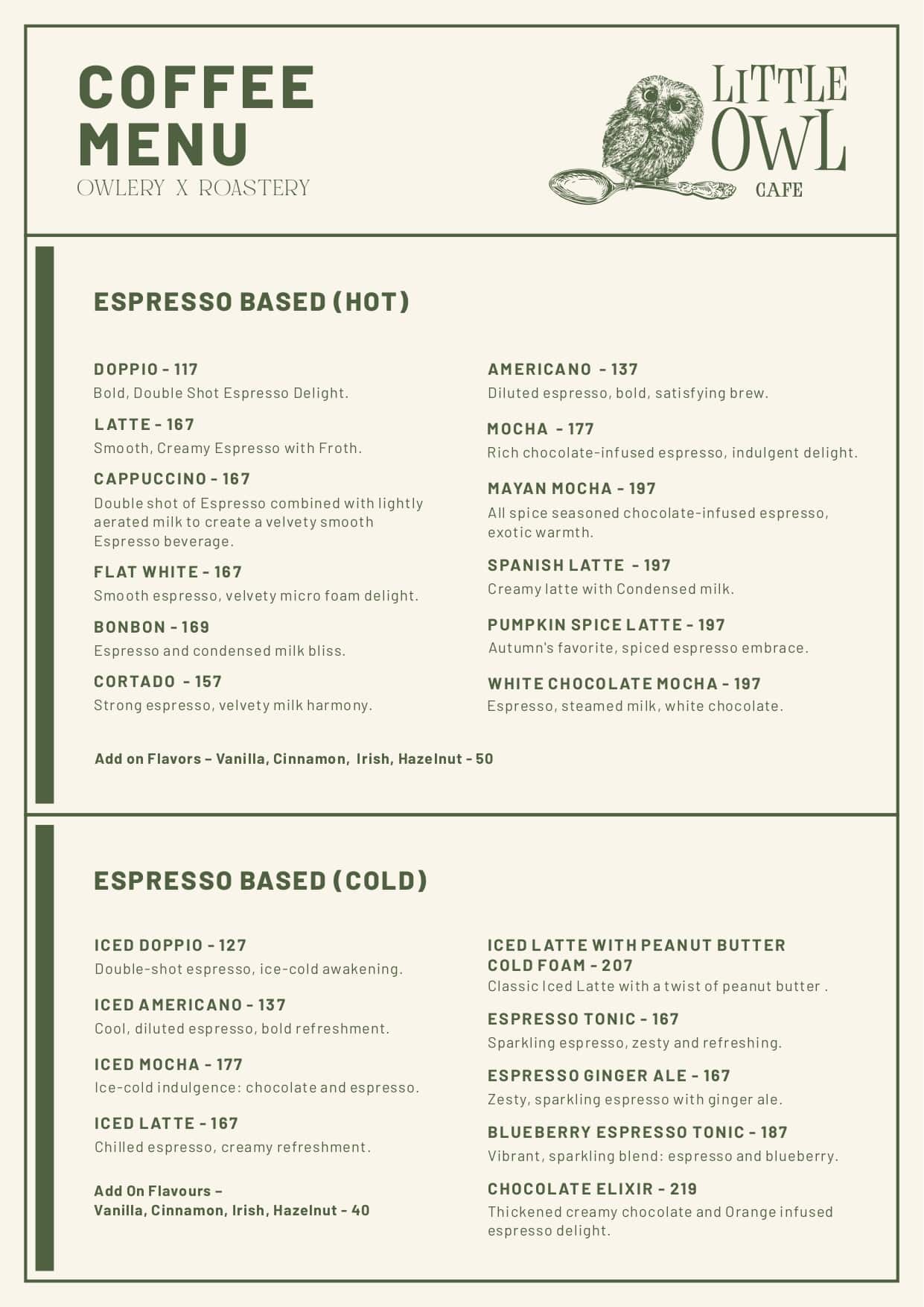 Menu of Little Owl Cafe, Pratap Nagar, Nagpur