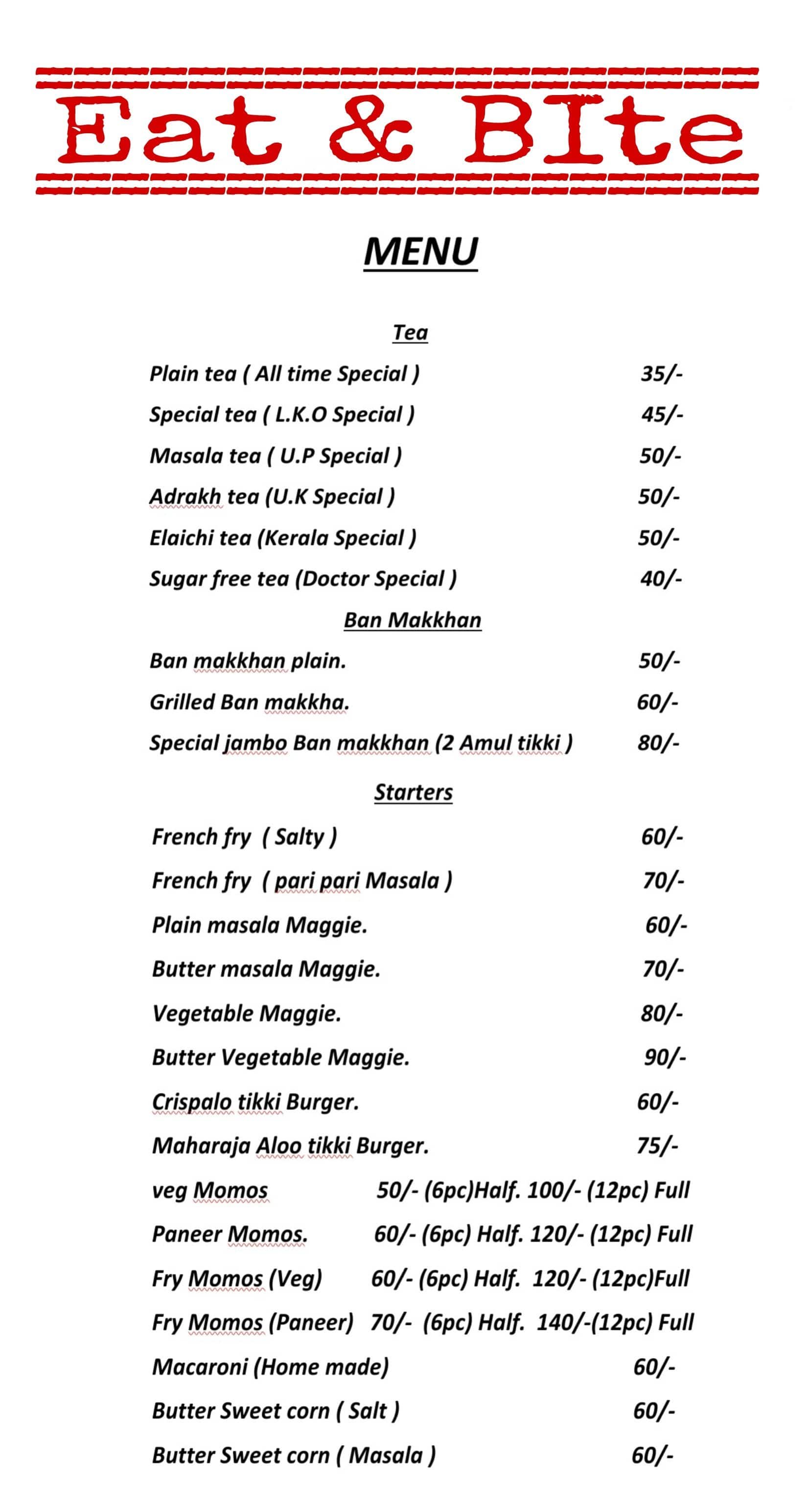 Menu of Eat & Bite, Madiyanva, Lucknow