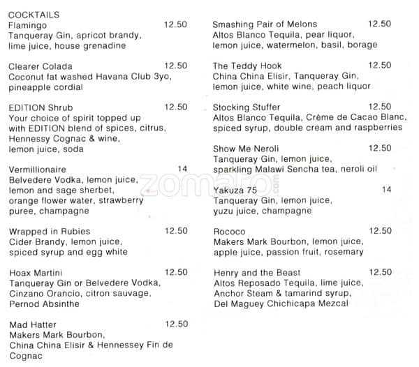 Menu at Punch Room London Edition pub & bar, London