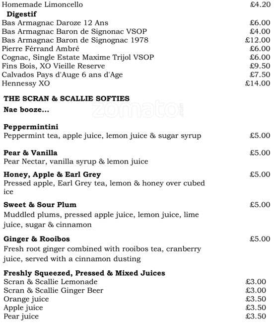 Menu at The Scran and Scallie pub & bar, Edinburgh