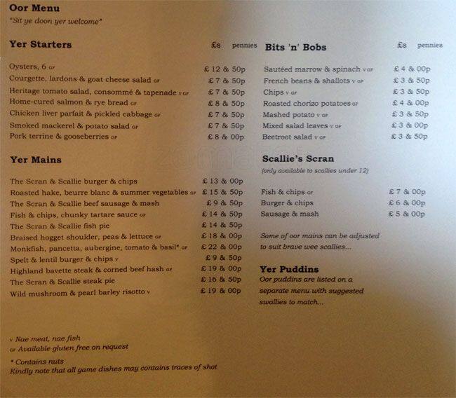 Menu at The Scran and Scallie pub & bar, Edinburgh