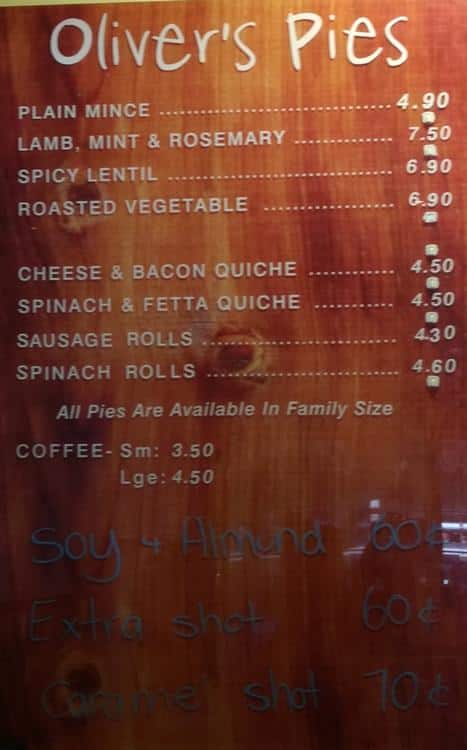 Menu at Oliver's Pies fast food, Avalon Beach