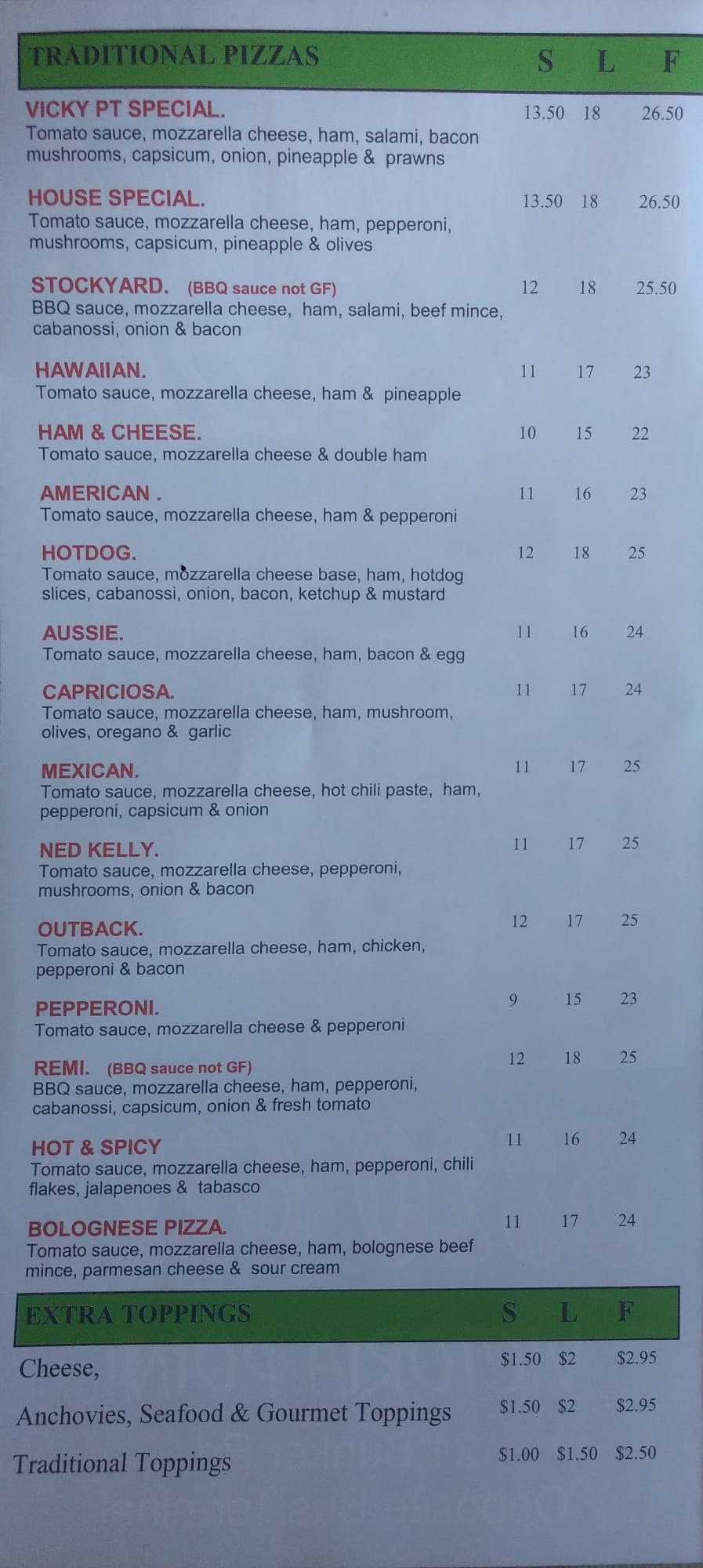 Menu at La Madrina Pizza pizzeria, Victoria Point