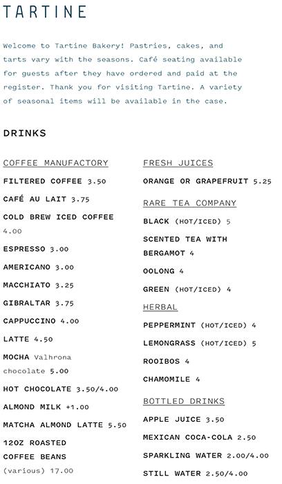 Menu at Tartine Bakery, San Francisco, 600 Guerrero St