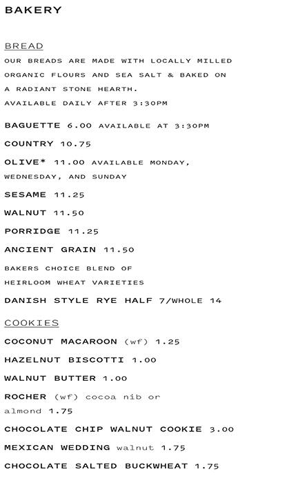 Menu at Tartine Bakery, San Francisco, 600 Guerrero St