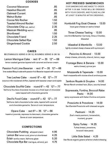 Menu at Tartine Bakery restaurant, San Francisco