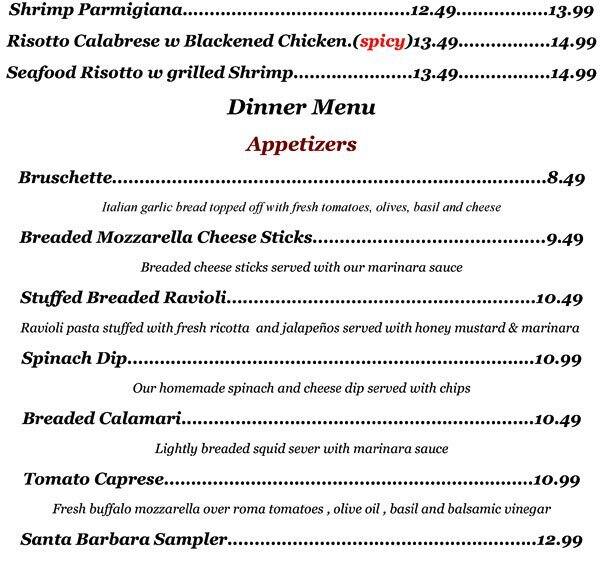 Carta de Santa Barbara Italian Cafe, Pearland, 5012 Broadway St