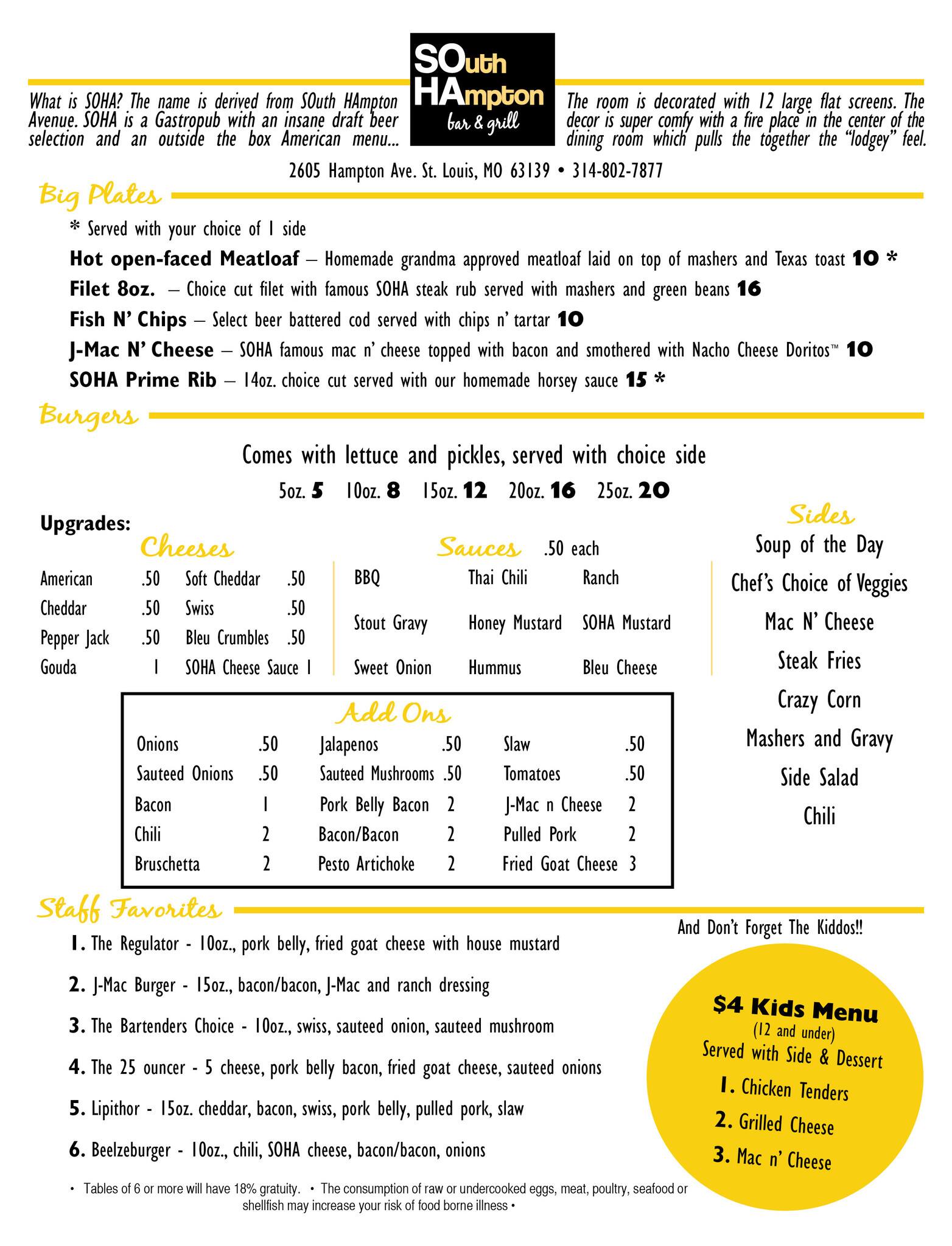 Menu at SOHA Bar and Grill, St. Louis