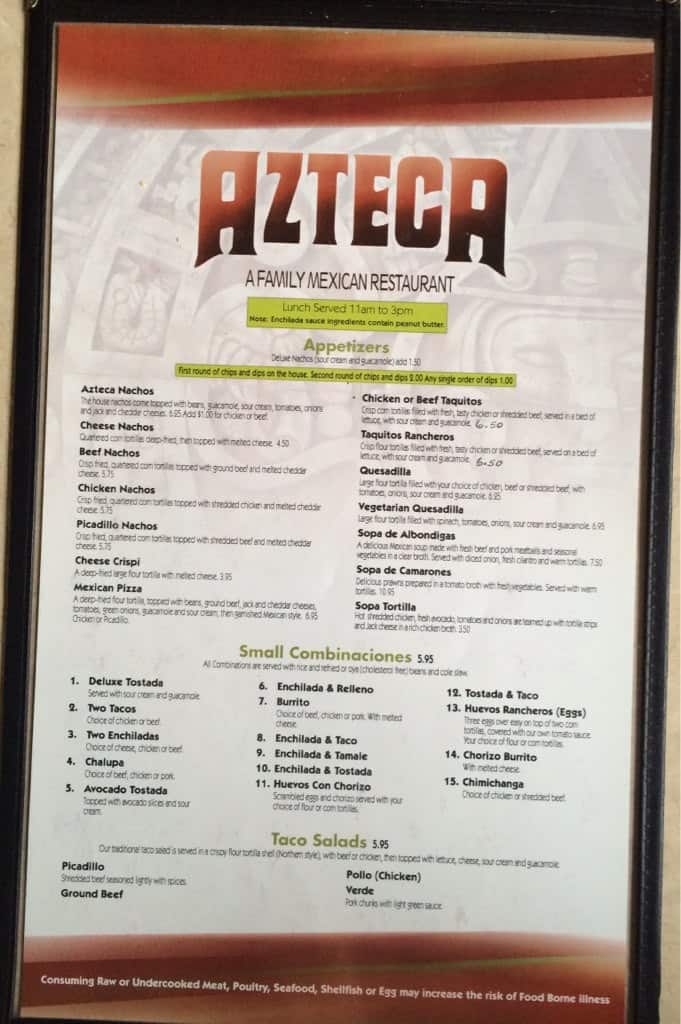 Menu at Azteca restaurant, Omaha, S 142nd St