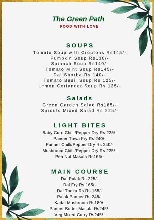 Menu of The Green Path Forgotten Food, Seshadripuram, Bangalore