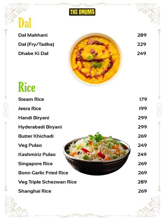 Menu of The Drums, By Pass Road (South), Indore