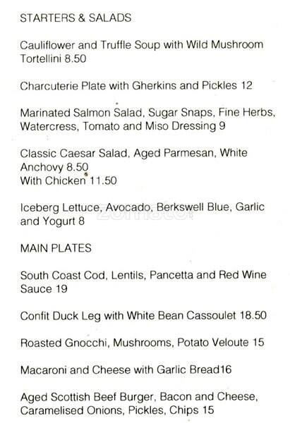 Menu at Lobby Bar, London, 10 Berners St