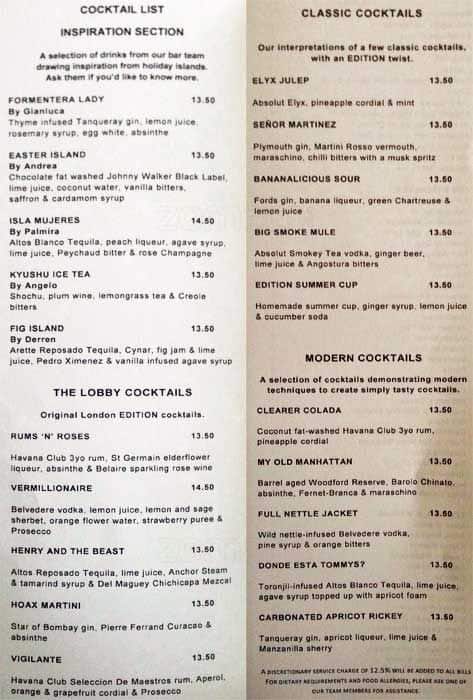 Menu at Lobby Bar, London, 10 Berners St