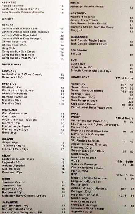 Menu at Lobby Bar, London, 10 Berners St