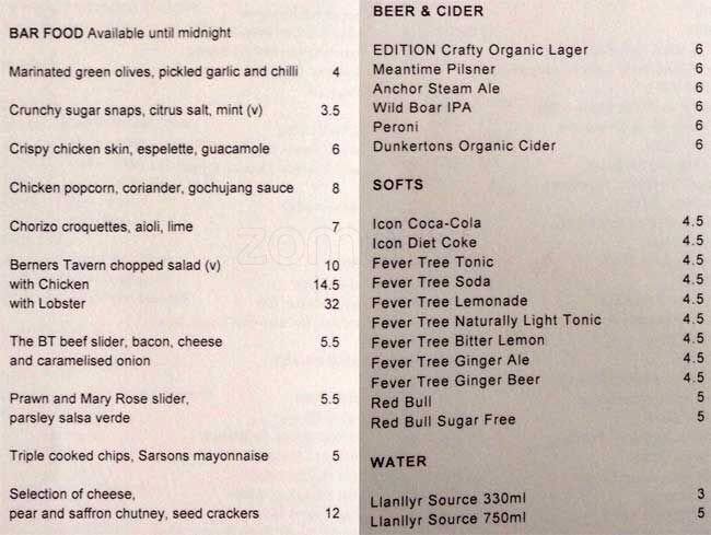 Menu at Lobby Bar, London, 10 Berners St