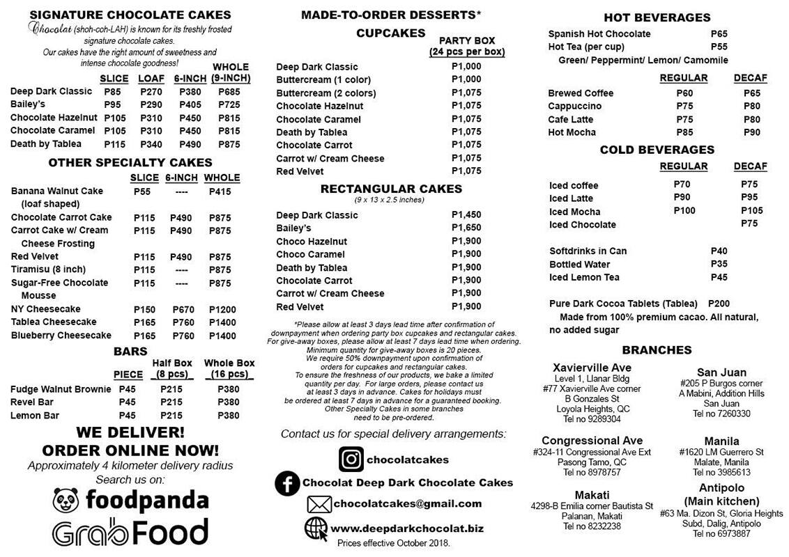 Menu at Chocolat cafe, San Juan, 205 P. Burgos Street