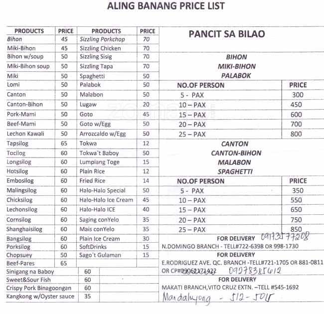 Aling Banang Menu, Menu for Aling Banang, West Crame, San Juan City ...