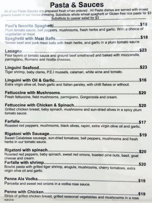 Menu at Paul's Spaghetti restaurant, Toronto