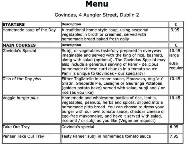 Menu at Govinda's restaurant, Dublin