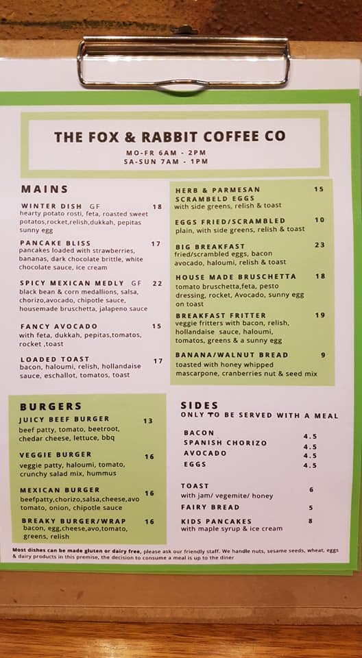 Menu at The Fox and Rabbit Coffee Co. cafe, Paddington