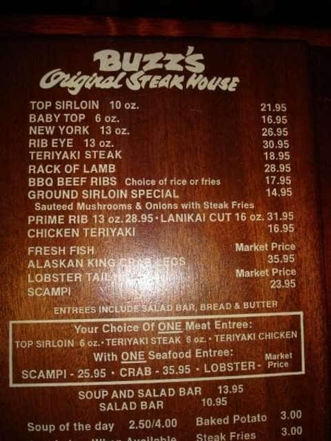 Menu at Buzz's Steakhouse, Kailua