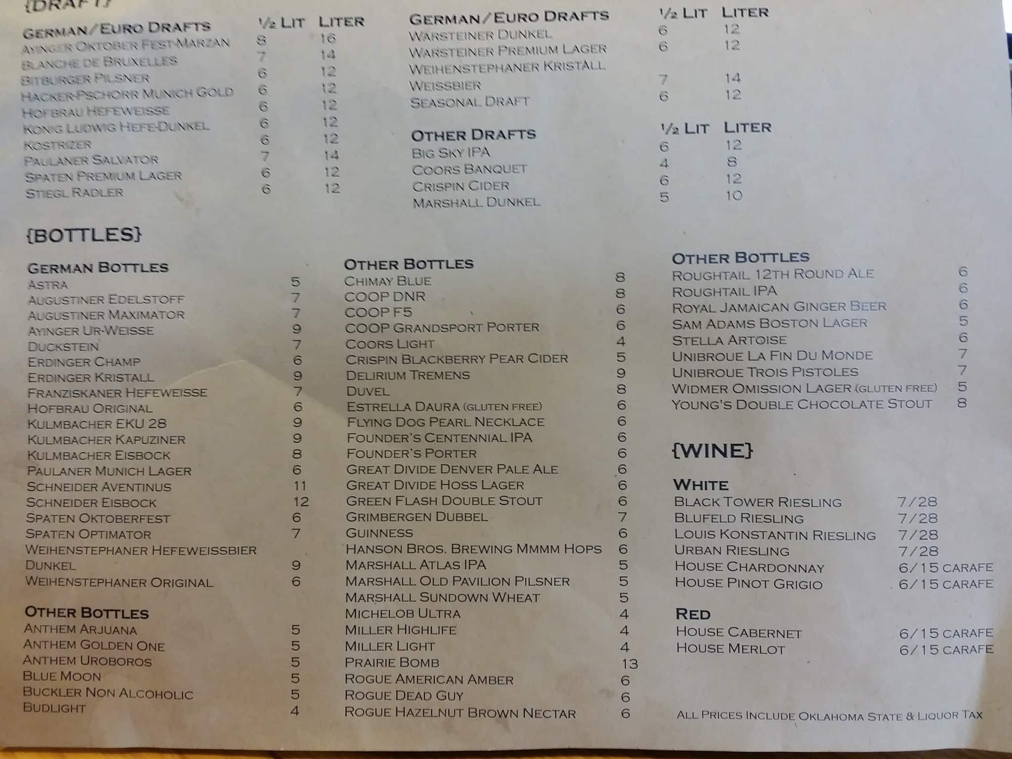 Menu at Fassler Hall pub & bar, Oklahoma City