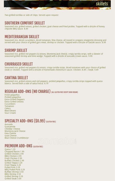 Menu at Tin Lizzy's Cantina pub & bar, Columbia