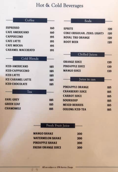 Carta de Café Rizal - Rizal Park Hotel, Manila