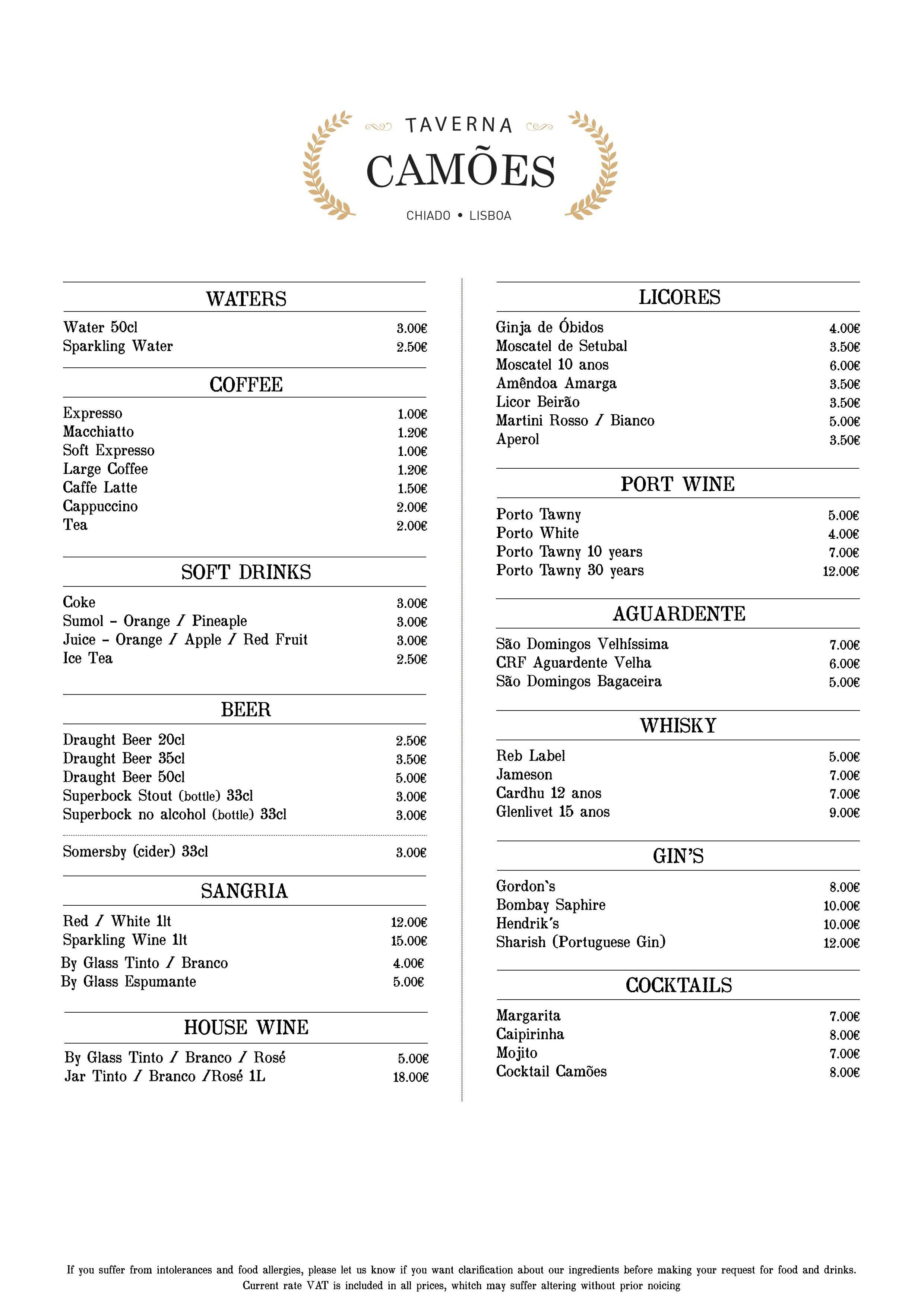 Menu at Taverna Camoes, Lisbon