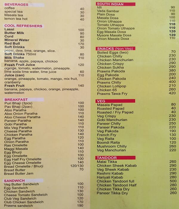 Menu at Shri Leela Restaurant, Calangute