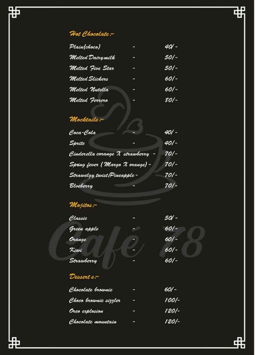 Menu of Cafe 78, Vijay Nagar, Indore